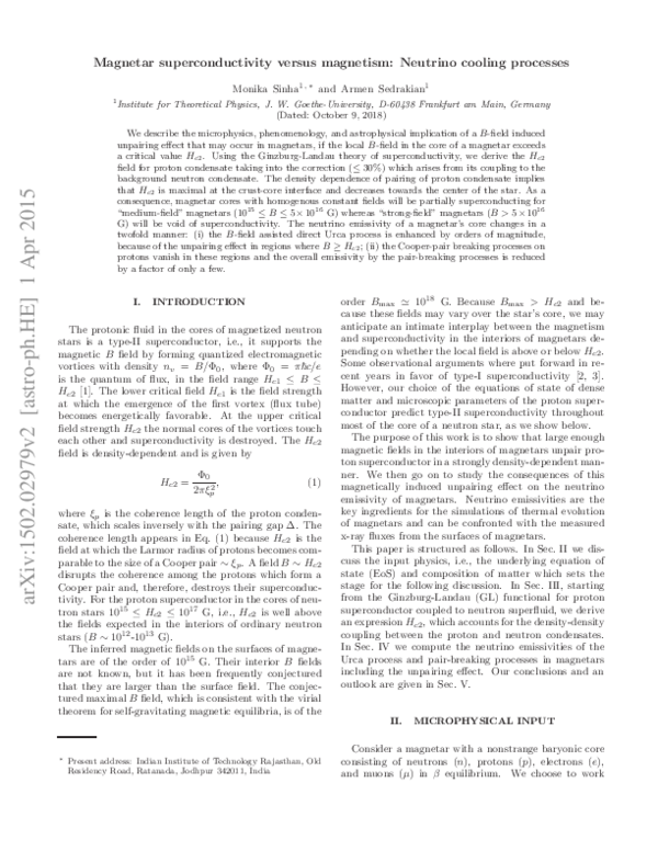 (PDF) Magnetar superconductivity versus magnetism: Neutrino cooling processes