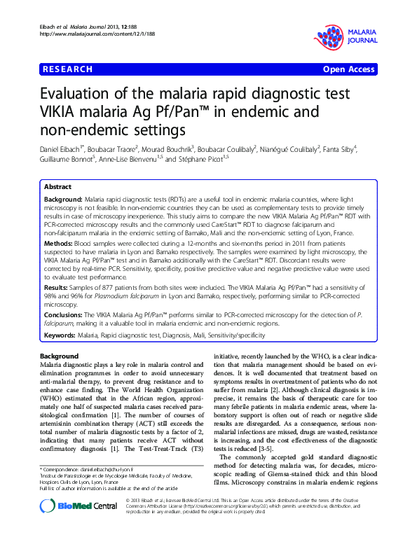(PDF) Evaluation of the malaria rapid diagnostic test VIKIA malaria Ag ...