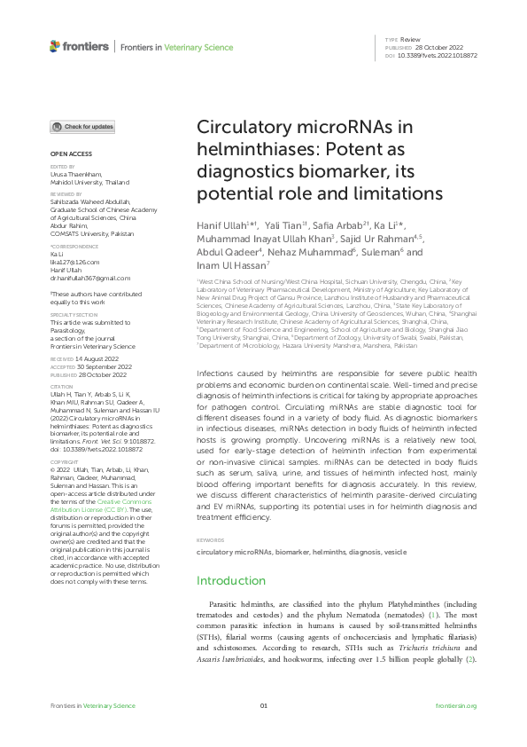 (PDF) Circulatory microRNAs in helminthiases: Potent as diagnostics ...