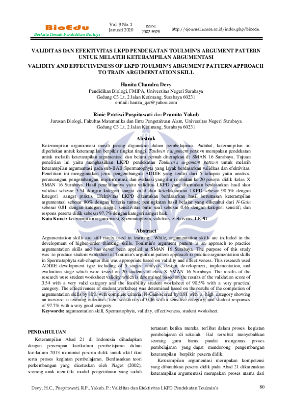(PDF) Validitas dan Efektivitas LKPD Pendekatan Toulmin's Argument Pattern Untuk Melatih ...