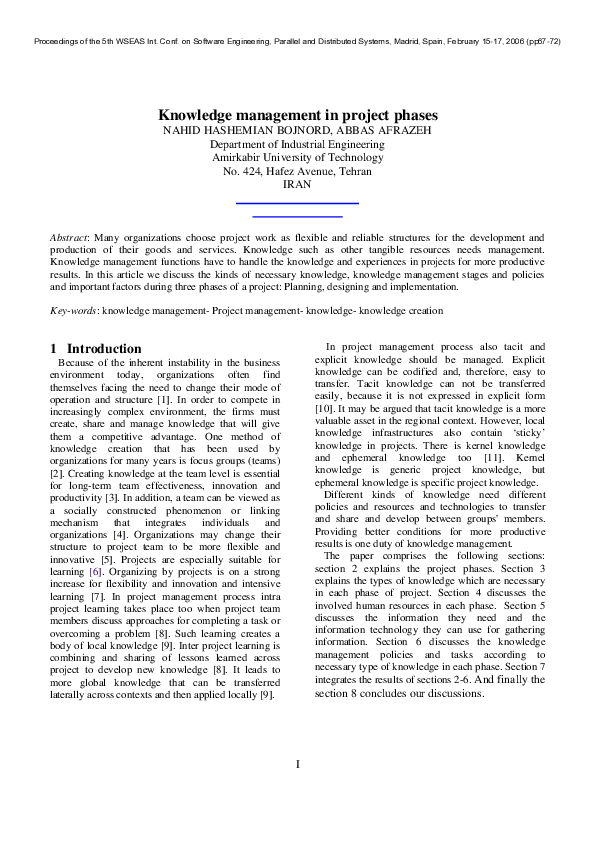 (PDF) I Knowledge management in project phases