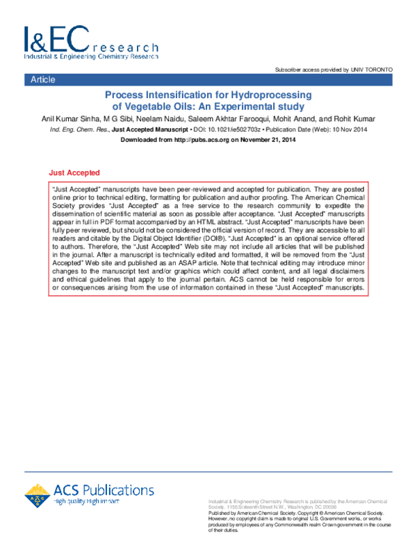 (PDF) Process Intensification for Hydroprocessing of Vegetable Oils ...