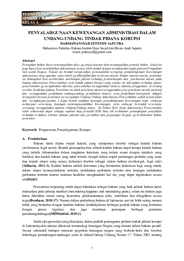 (DOC) PENYALAHGUNAAN KEWENANGAN ADMINISTRASI DALAM UNDANG-UNDANG TINDAK ... (DOC) PENYALAHGUNAAN KEWENANGAN ADMINISTRASI DALAM UNDANG-UNDANG TINDAK ...