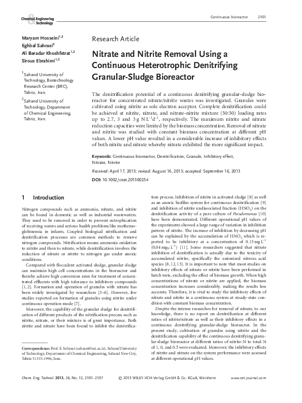 Pdf Nitrate And Nitrite Removal Using A Continuous Heterotrophic