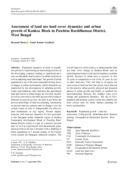 (PDF) Assessment of land use land cover dynamics and urban growth of Kanksa Block in Paschim ...