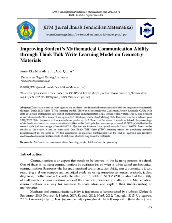 (PDF) Improving Student’s Mathematical Communication Ability through ...