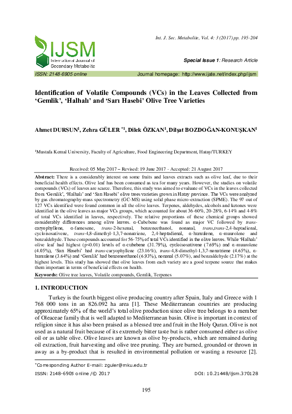 (PDF) Identification of Volatile Compounds (VCs) in the Leaves ...