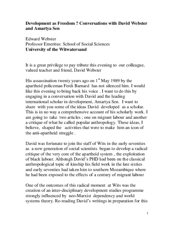 (PDF) Development as Freedom ? Conversations with David Webster and ...