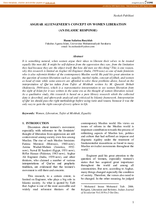 (PDF) Asghar Ali Engineer’s Concept On Women Liberation (An Islamic ...