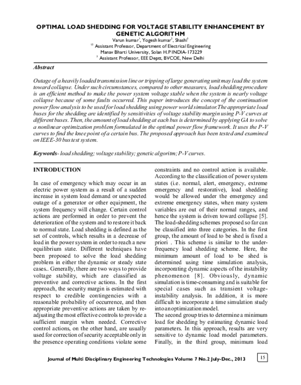 (PDF) Optimal Load Shedding for Voltage Stability Enhancement by Genetic Algorithm
