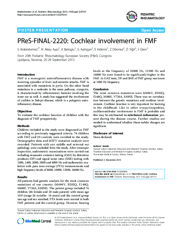 (PDF) PReS-FINAL-2220: Cochlear involvement in FMF