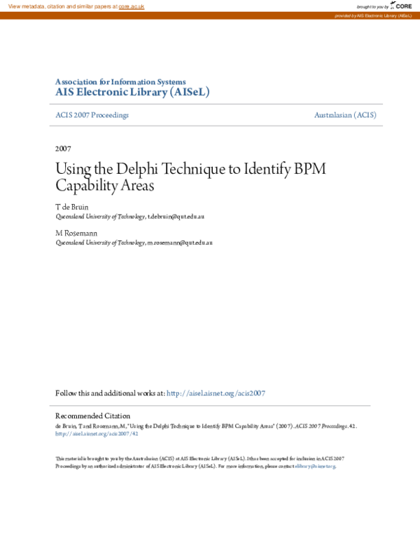 (PDF) Using the Delphi Technique to Identify BPM Capability Areas | Tonia de Bruin - Academia.edu