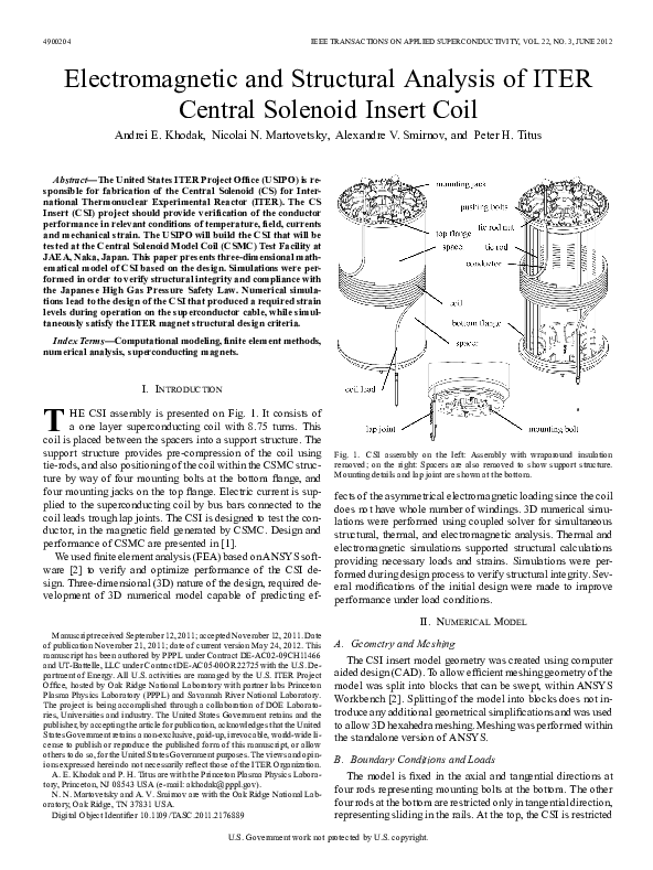 Pdf Electromagnetic And Structural Analysis Of Iter Central Solenoid Insert Coil
