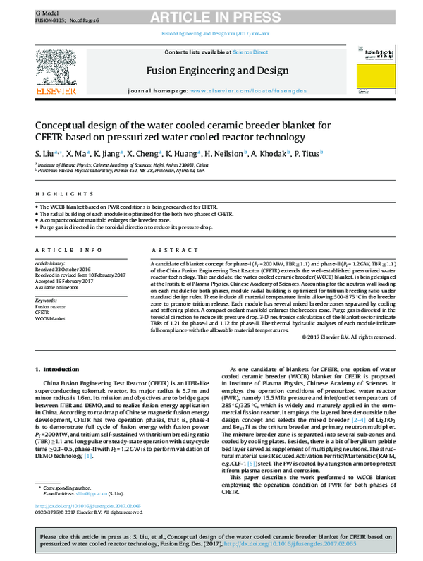 (PDF) Conceptual design of the water cooled ceramic breeder blanket for ...