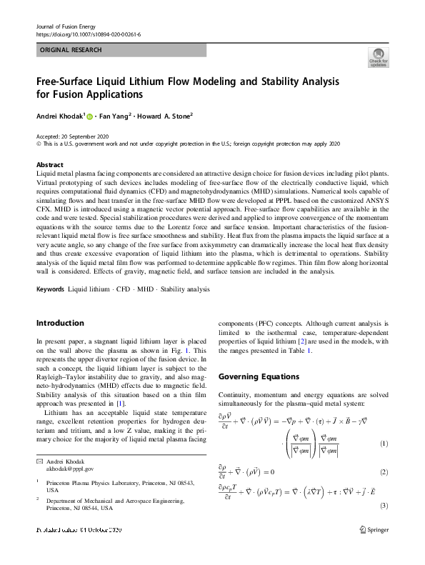 (PDF) Free-Surface Liquid Lithium Flow Modeling and Stability Analysis ...