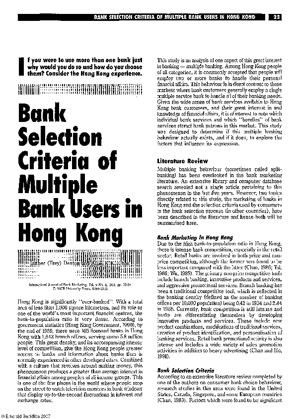 (PDF) Bank Selection Criteria of Multiple Bank Users in Hong Kong
