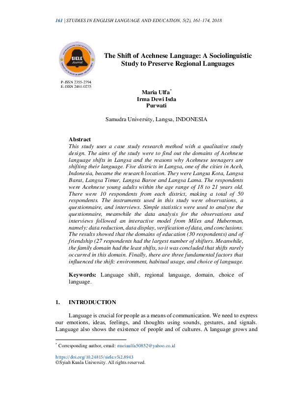 (PDF) The shift of Acehnese language: A sociolinguistic study to ...