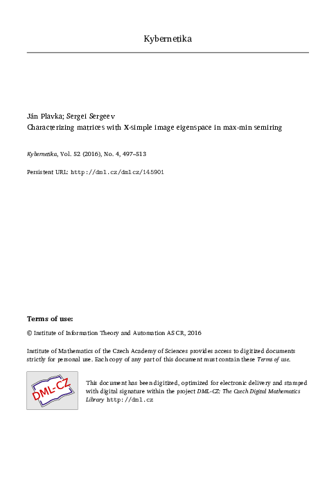 (PDF) Characterizing matrices with $\bf{X}$-simple image eigenspace in max-min semiring | Ján ...