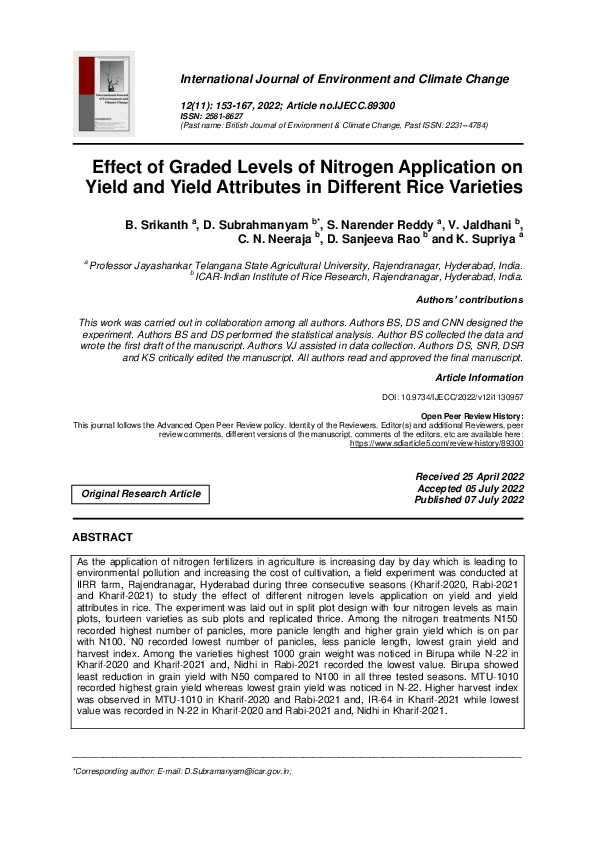 Pdf Effect Of Graded Levels Of Nitrogen Application On Yield And Yield Attributes In Different