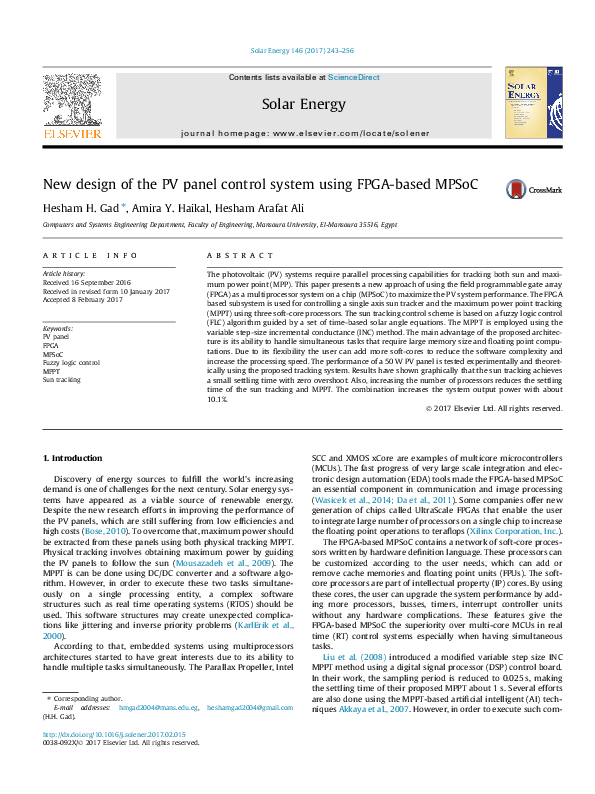 Pdf New Design Of The Pv Panel Control System Using Fpga Based Mpsoc