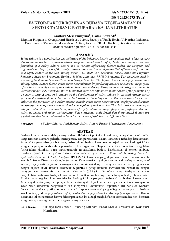 (PDF) Faktor-Faktor Dominan Budaya Keselamatan DI Sektor Tambang ...