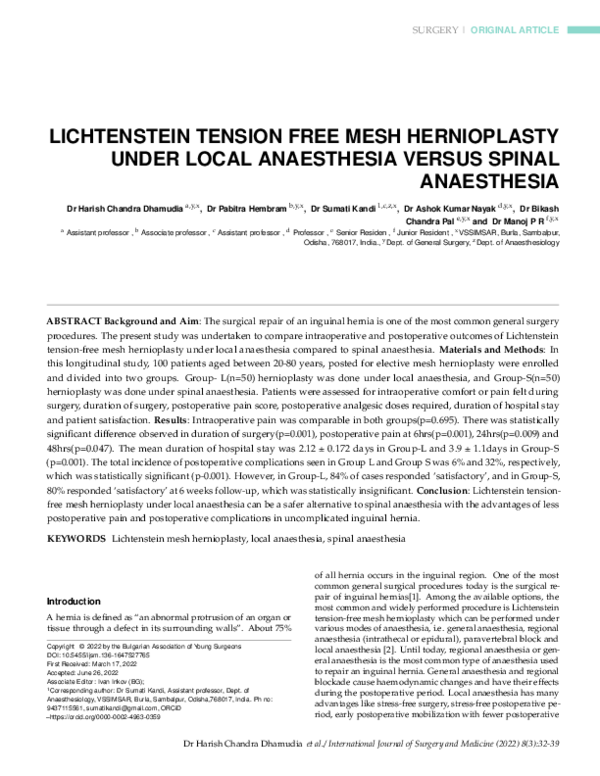 (PDF) Lichtenstein Tension Free Mesh Hernioplasty under Local Anaesthesia Versus Spinal Anaesthesia