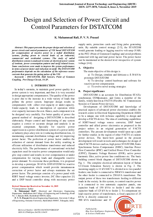 (PDF) Design and Selection of Power Circuit and Control Parameters for DSTATCOM