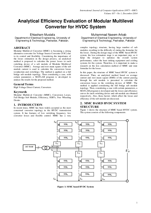 Pdf Analytical Efficiency Evaluation Of Modular Multilevel Converter For Hvdc System