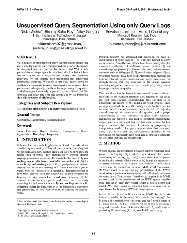 (PDF) Unsupervised query segmentation using only query logs