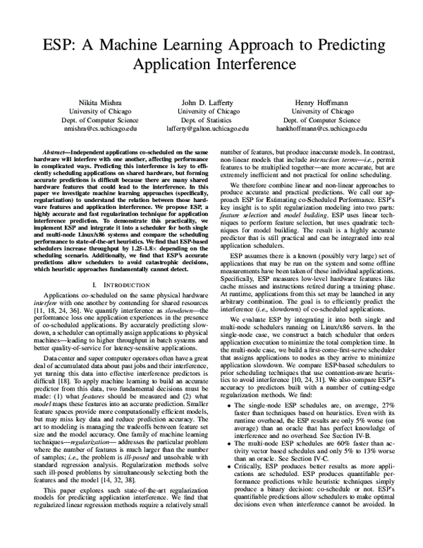 (PDF) ESP: A Machine Learning Approach to Predicting Application Interference
