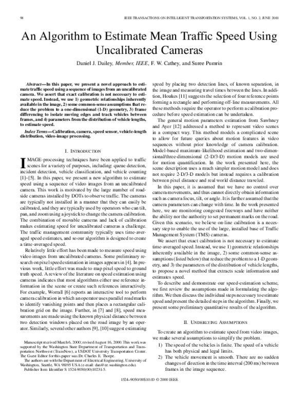 (PDF) An algorithm to estimate mean traffic speed using uncalibrated cameras