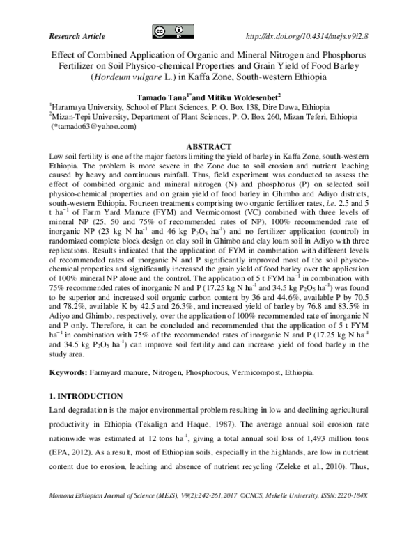 (PDF) Effect of combined application of organic and mineral nitrogen and phosphorus fertilizer ...