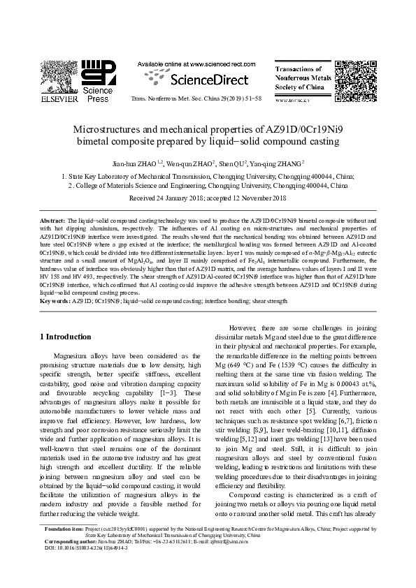 (PDF) Microstructures and mechanical properties of AZ91D/0Cr19Ni9 ... (PDF) Microstructures and mechanical properties of AZ91D/0Cr19Ni9 ...