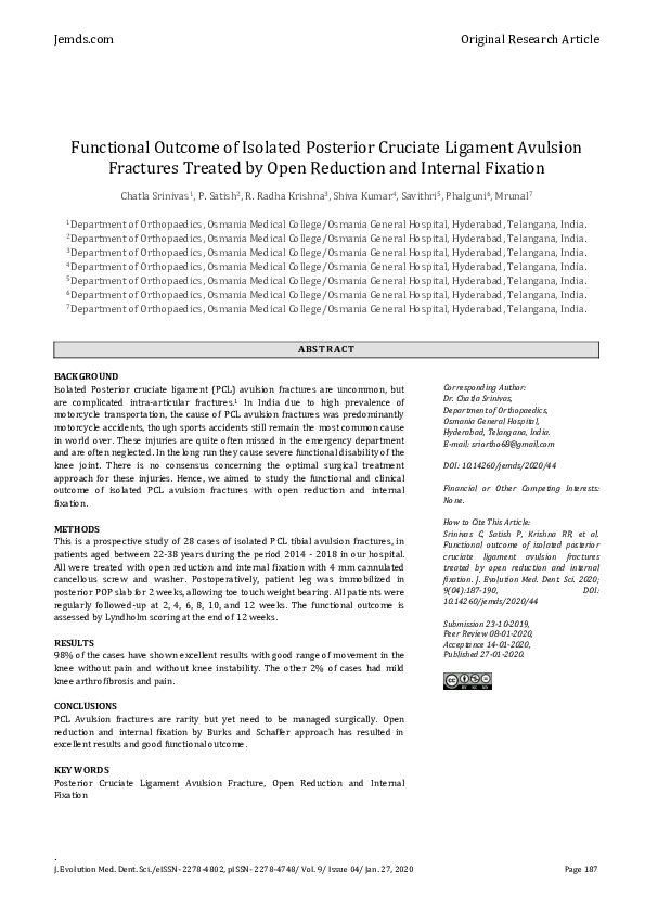 Pdf Functional Outcome Of Isolated Posterior Cruciate Ligament Avulsion Fractures Treated By