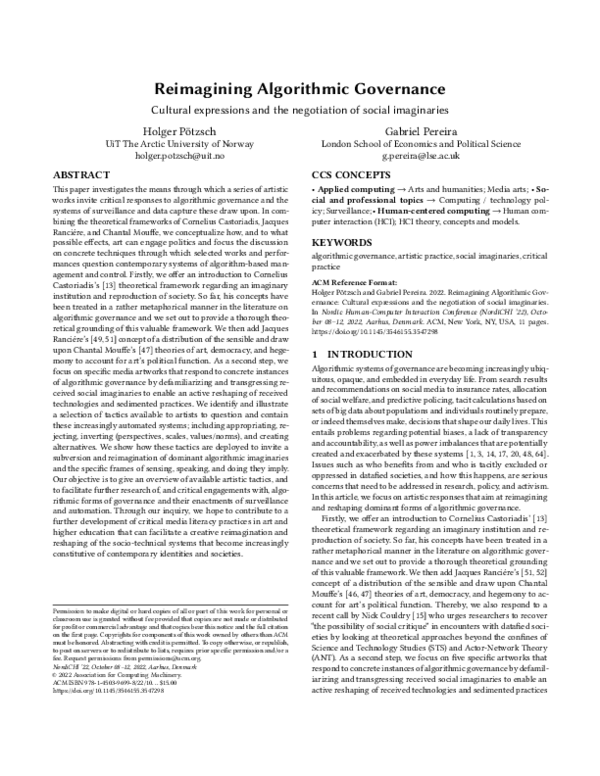 (PDF) Reimagining Algorithmic Governance | Holger Pötzsch - Academia.edu