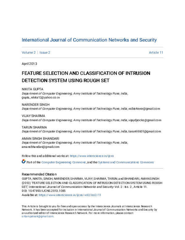 Pdf Feature Selection And Classification Of Intrusion Detection System Using Rough Set