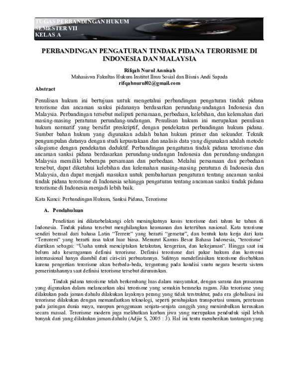 (DOC) PERBANDINGAN PENGATURAN TINDAK PIDANA TERORISME DI INDONESIA DAN ...