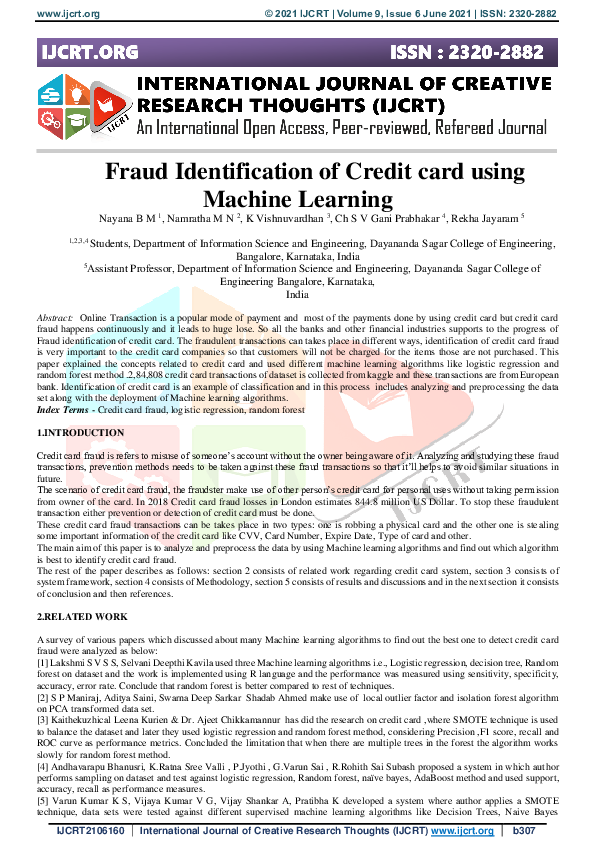 (PDF) Fraud Identification of Credit card using Machine Learning