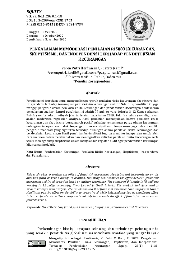 Pdf Pengalaman Memoderasi Penilaian Risiko Kecurangan Skeptisisme