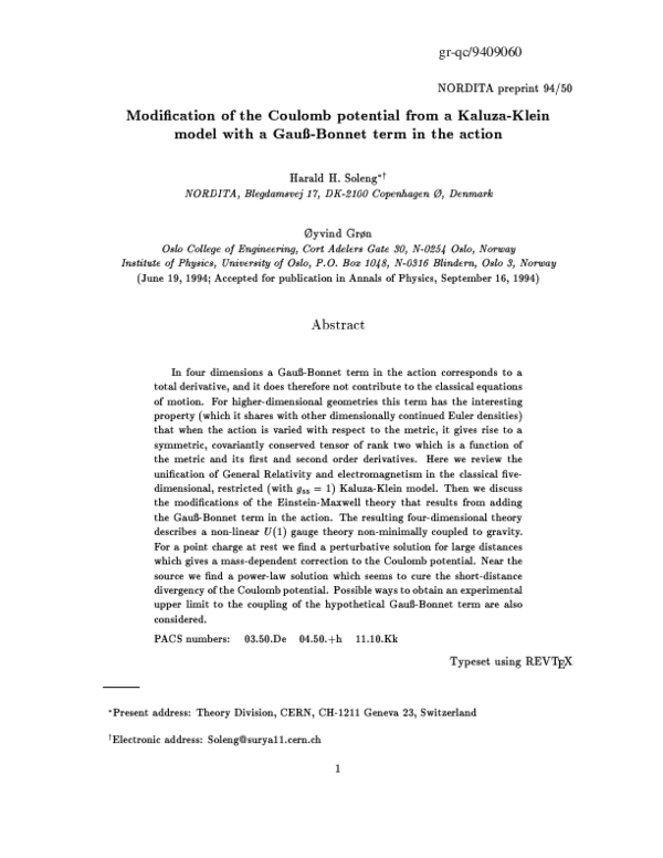 (PDF) Modification of the Coulomb Potential from a Kaluza-Klein Model ...