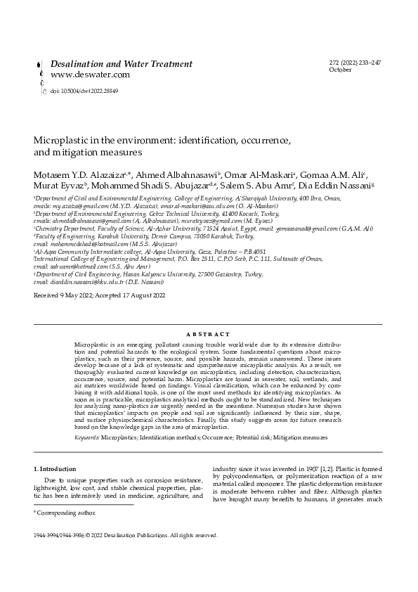 Pdf Microplastic In The Environment Identification Occurrence And Mitigation Measures