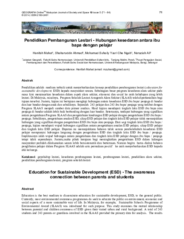 (PDF) Pendidikan pembangunan lestari - hubungan kesedaran antara ibu ...