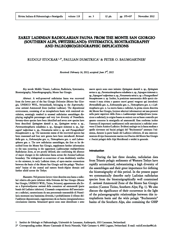 (PDF) Early Ladinian Radiolarian Fauna from the Monte San Giorgio (Southern Alps, Switzerland ...