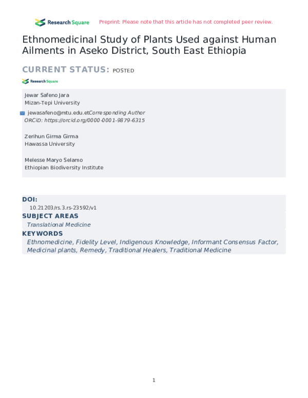 (PDF) Ethnomedicinal Study of Plants Used against Human Ailments in ...