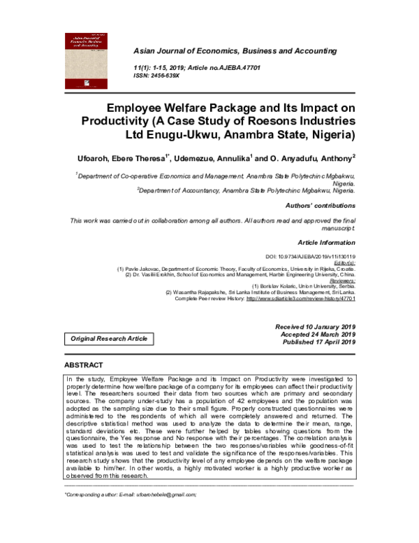 (PDF) Employee Welfare Package and Its Impact on Productivity (A Case ...