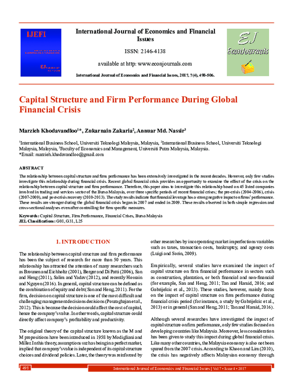 (PDF) Capital Structure and Firm Performance During Global Financial Crisis