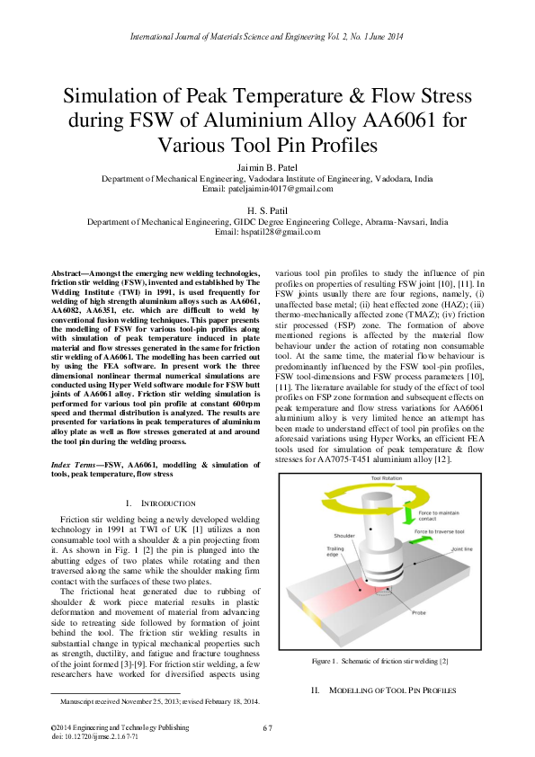 (PDF) Simulation of Peak Temperature & Flow Stress during FSW of ...