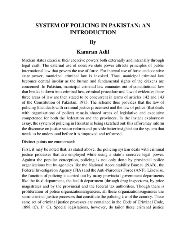 (PDF) SYSTEM OF POLICING IN PAKISTAN: AN INTRODUCTION