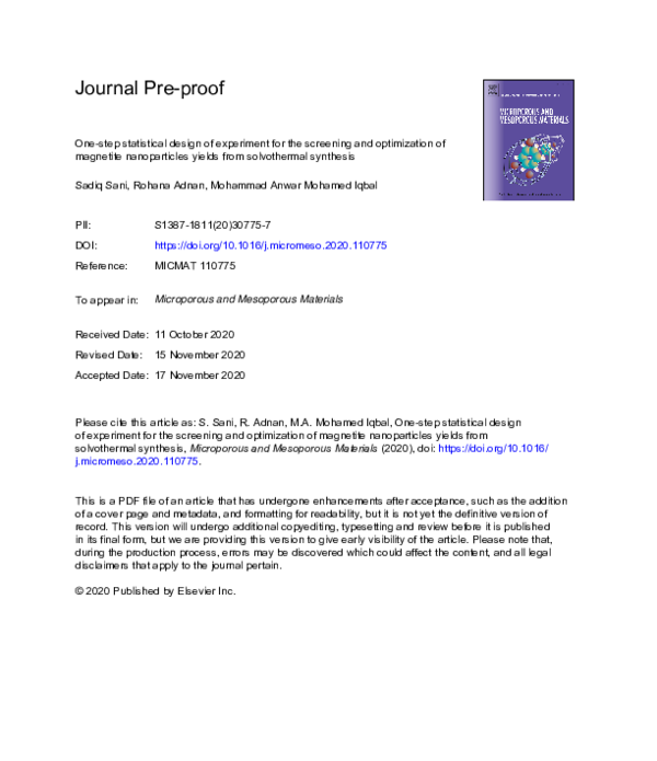 (PDF) One-step statistical design of experiment for the screening and ...