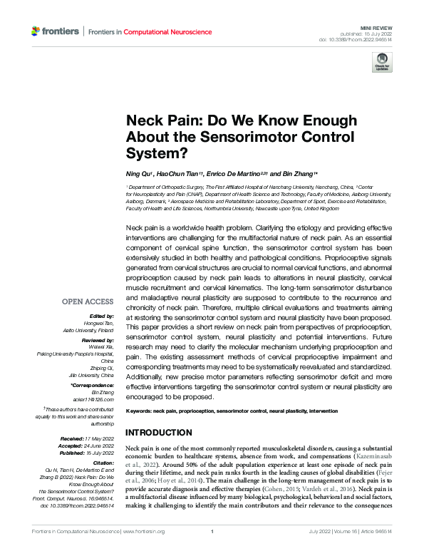 (PDF) Neck Pain: Do We Know Enough About the Sensorimotor Control System?